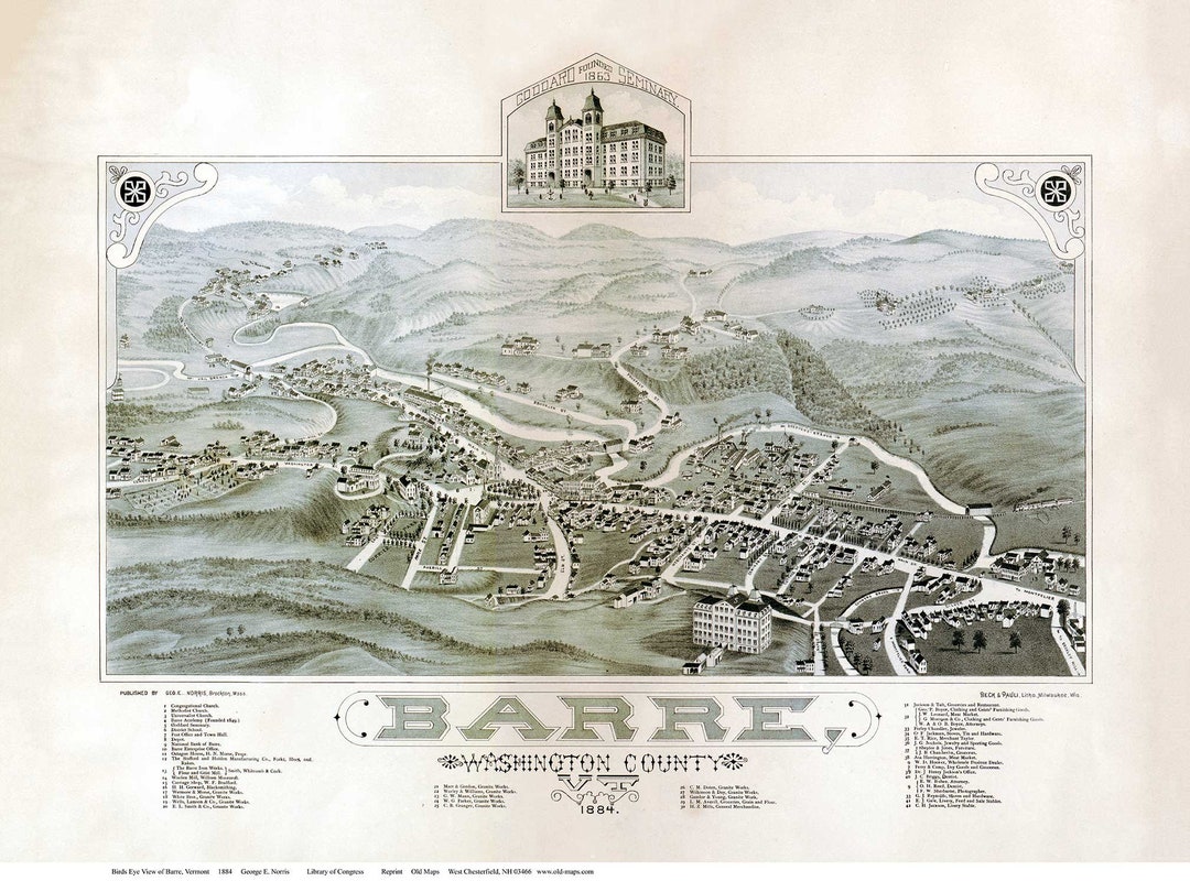 Barre Vermont- 1884 - Birds Eye View Reprint Map - Etsy