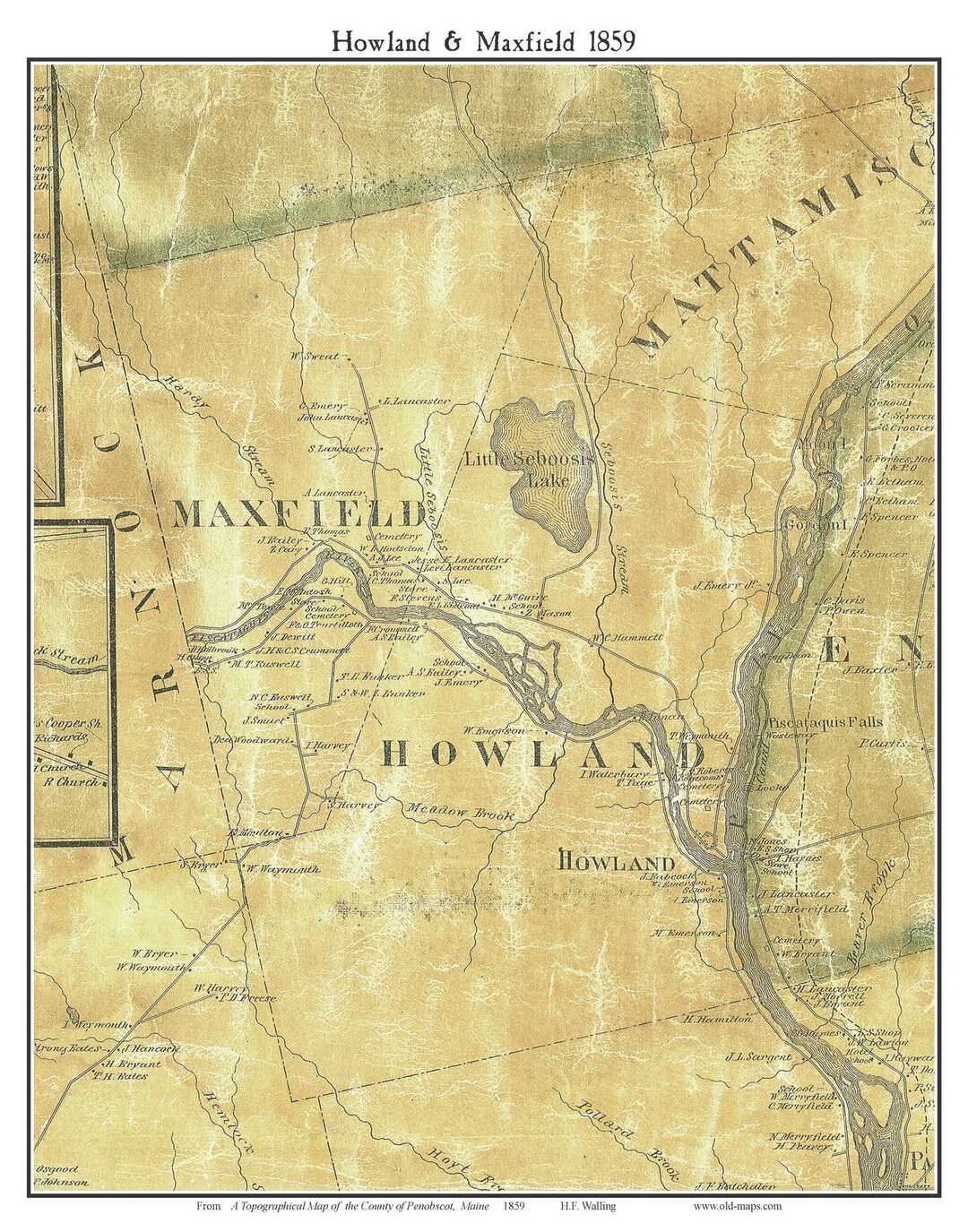 Howland & Maxfield 1859 Old Town Map With Homeowner Names Maine ...