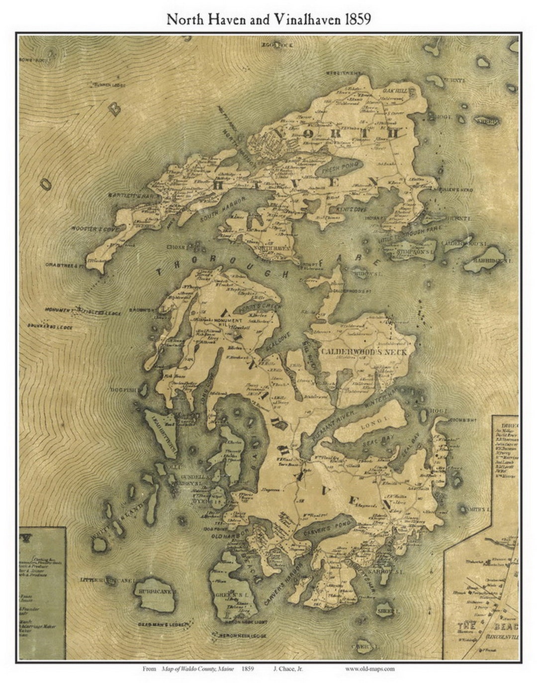 North Haven Vinalhaven 1859 Old Town Map With Homeowner Names Maine ...