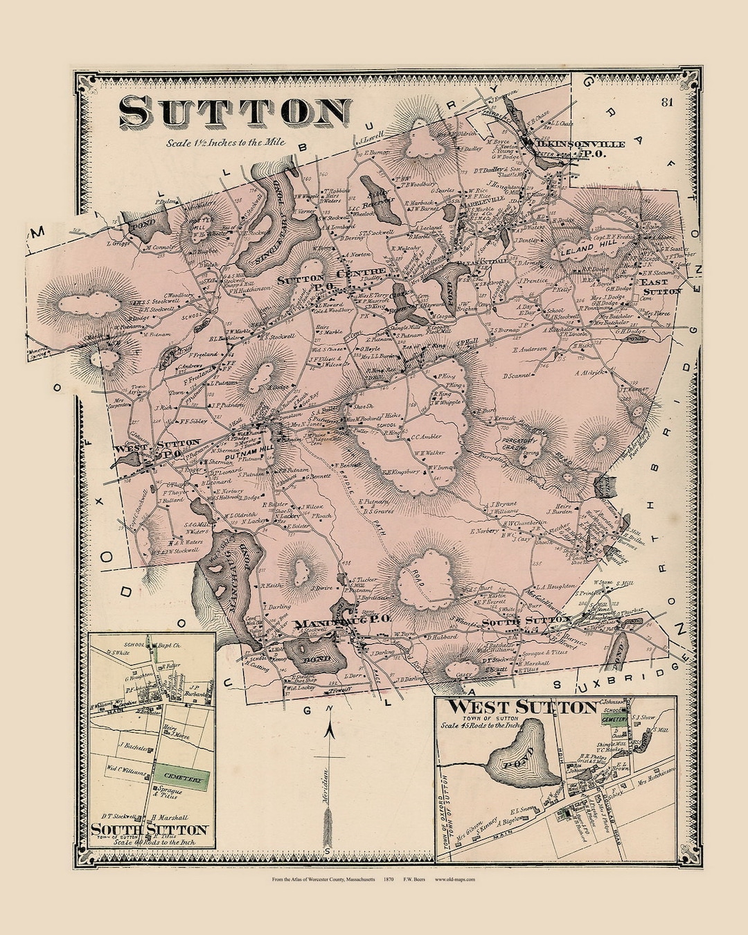 Sutton 1870 Old Town Map With Homeowner Names Massachusetts - Reprint ...
