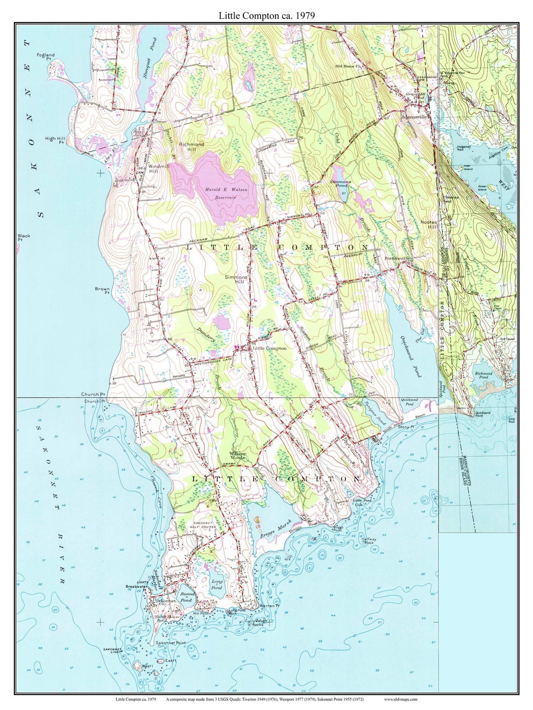 Little Compton - 1979 Old Topographic Map Harold E. Watson Resevoir ...
