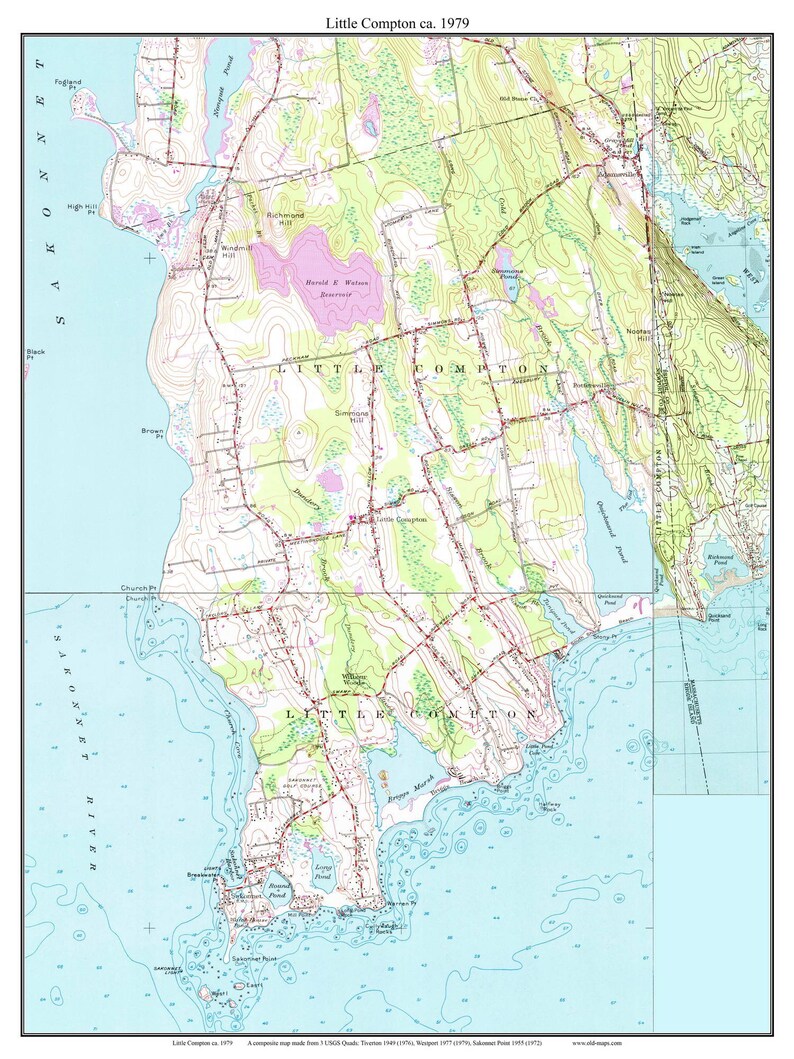 Little Compton - 1979 Old Topographic Map Harold E. Watson Resevoir ...