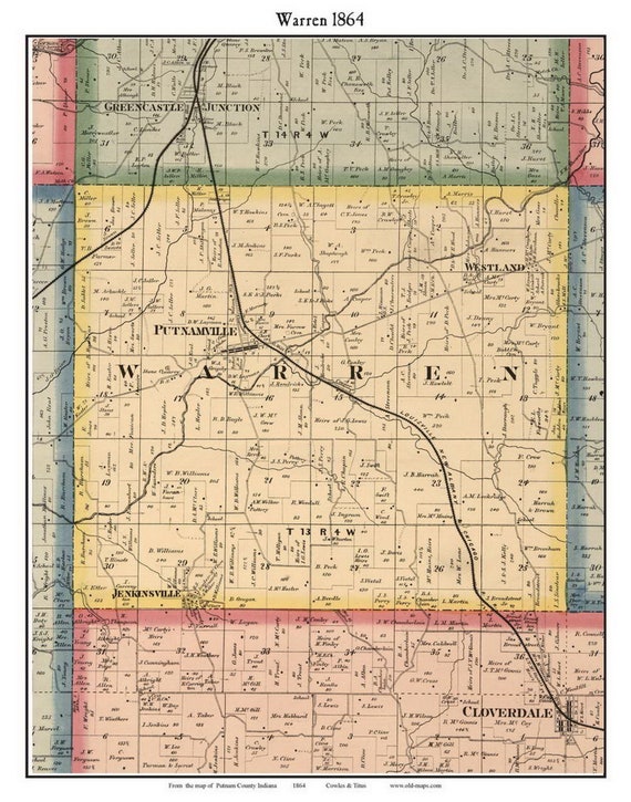 Warren 1864 Old Town Map With Homeowner Names Indiana - Etsy