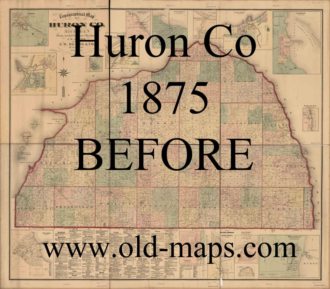 Huron County Michigan 1875 - Old Wall Map Reprint With Homeowner Names ...