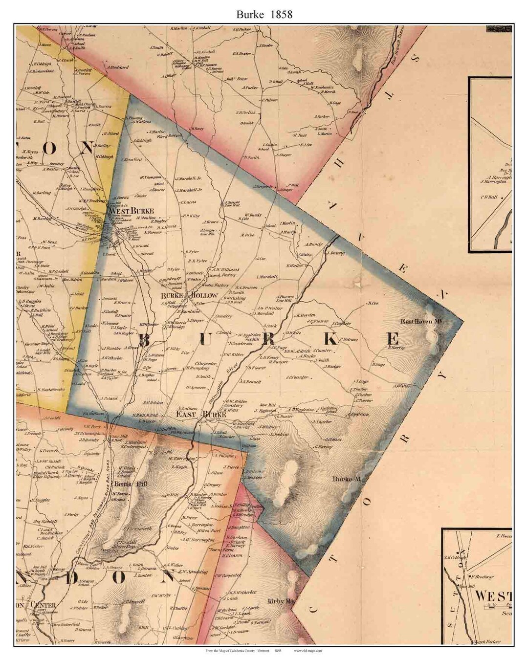 Burke 1858 Old Town Map With Homeowner Names - Vermont - Reprint ...