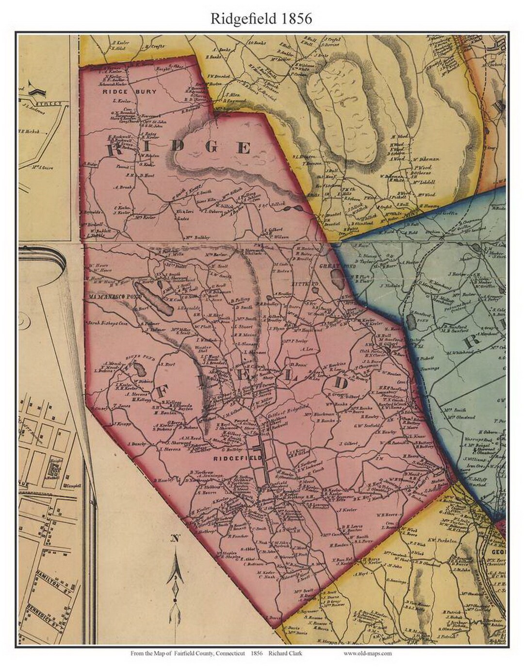 Ridgefield 1856 Old Town Map With Homeowner Names Connecticut - Reprint ...