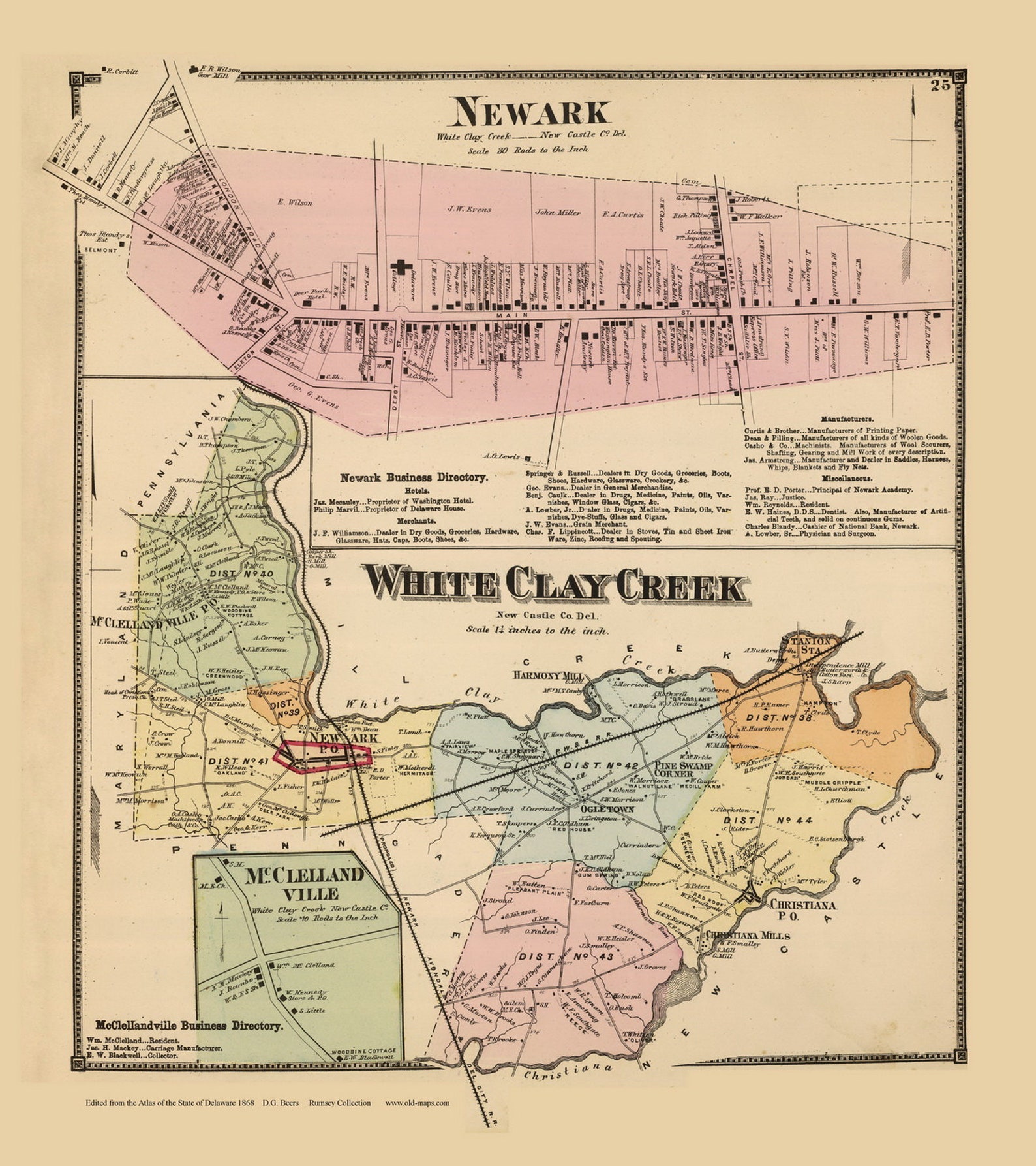 White Clay Creek and Newark Delaware 1868 Old Town Map With Homeowner ...
