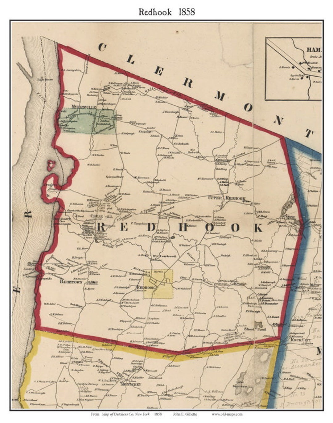 Red Hook 1858 Old Town Map With Homeowner Names New York - Reprint ...