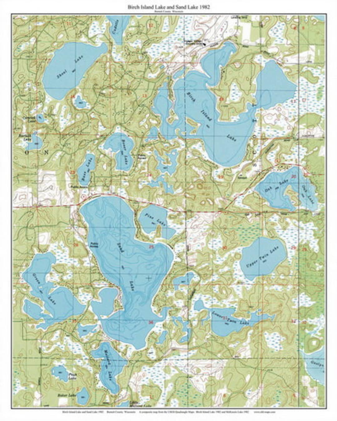 Birch Island Lake and Sand Lake 1982 Burnett County - USGS Old ...