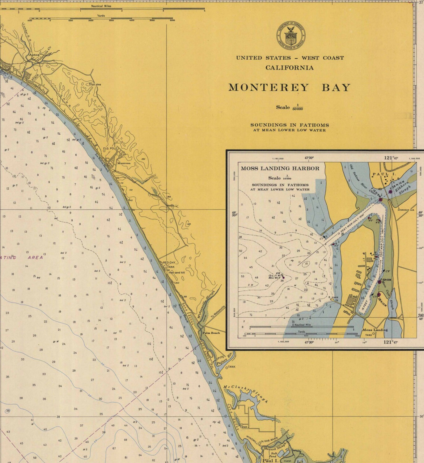 Monterey Bay 1948 Nautical Map - PC Harbors 5403 Reprint California - Etsy