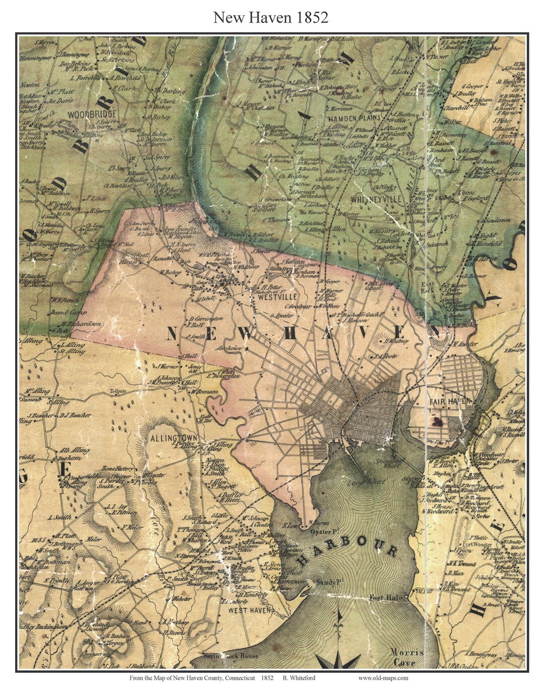 New Haven 1852 Old Town Map With Homeowner Names Connecticut - Reprint ...