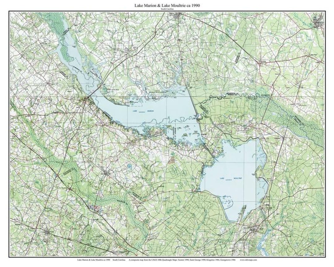 Lake Marion and Lake Moultrie 1990 Oid Topographic Map USGS 100k Custom ...