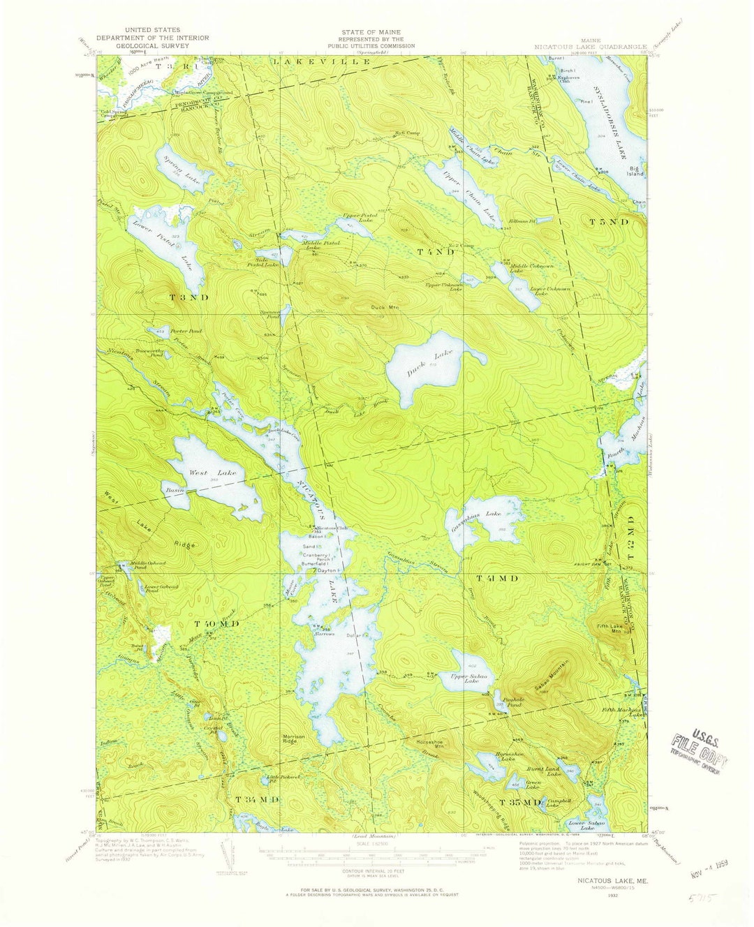Nicatous Lake 1932 1959 Old Topo Map West Lake Duck Lake Sysladobsis ...
