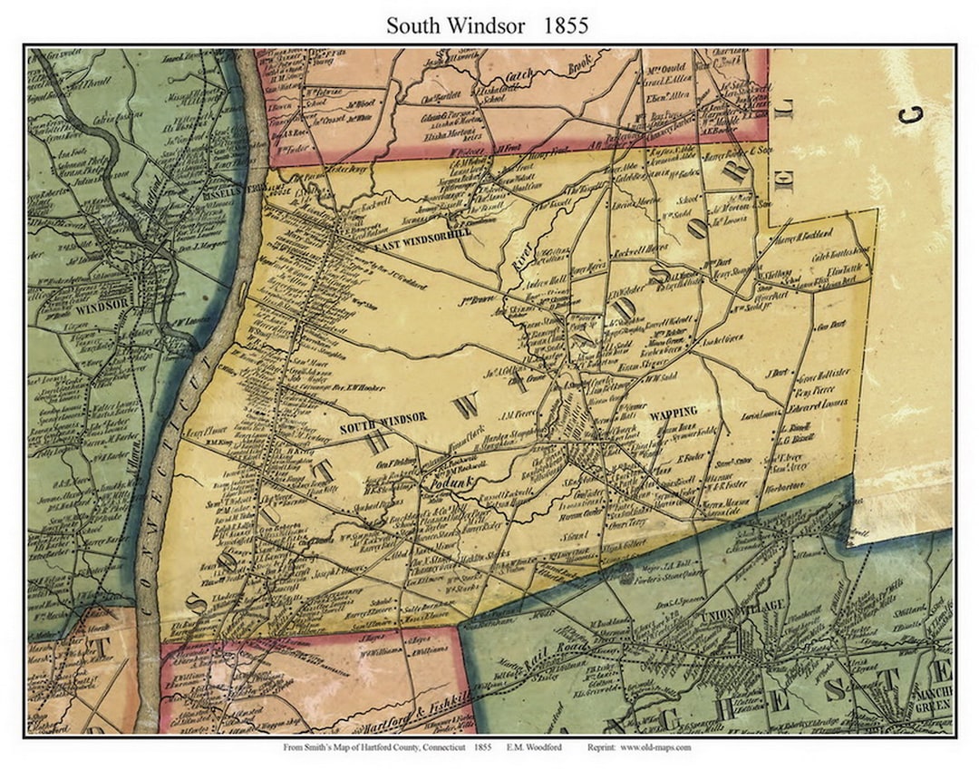 South Windsor 1855 Old Town Map With Homeowner Names Connecticut ...