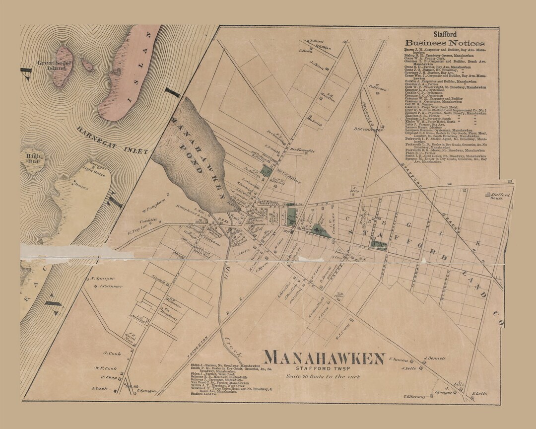 Manahawken 1872 Stafford Old Town Map With Homeowner Names New Jersey ...