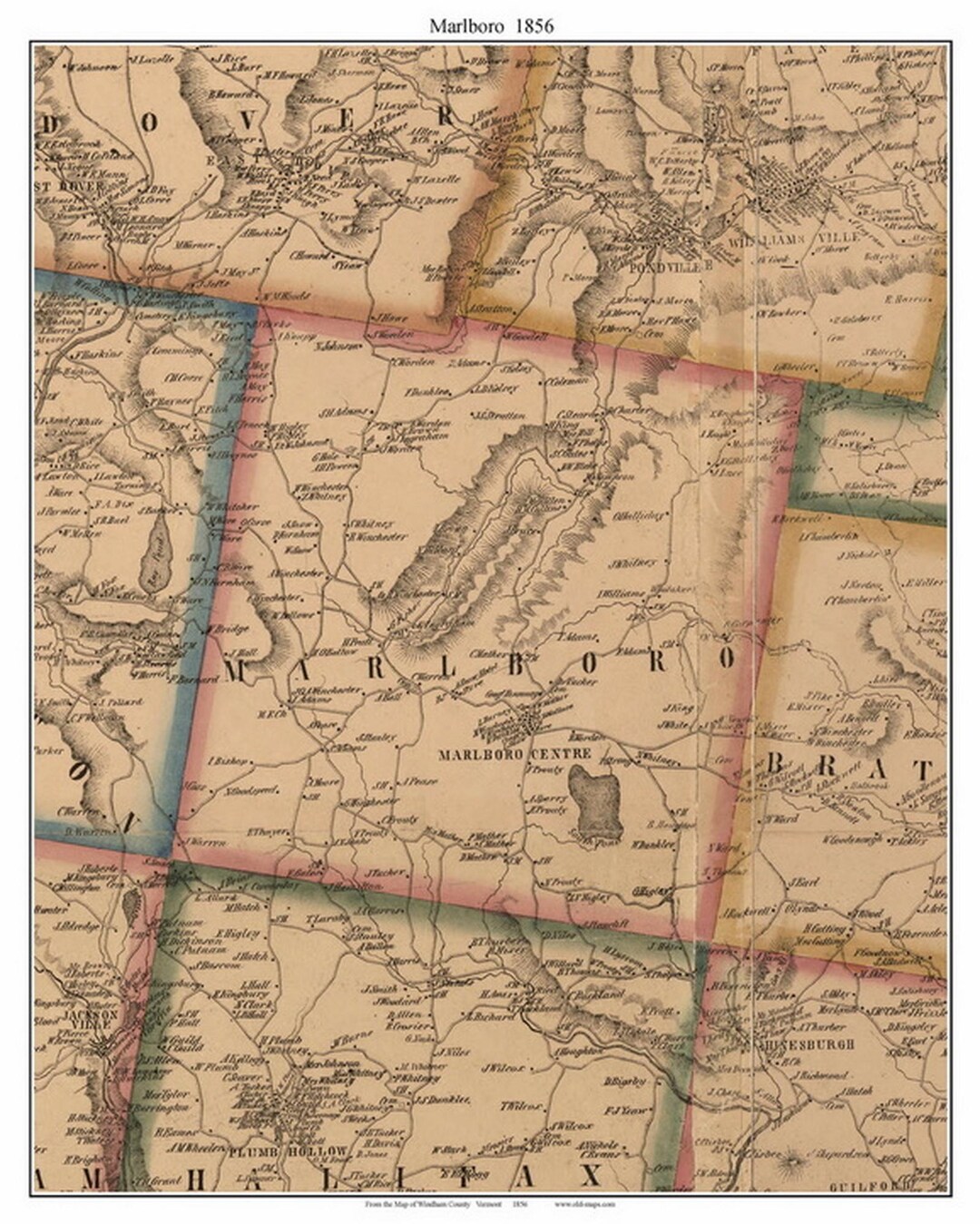 Marlboro 1856 Old Town Map With Homeowner Names Vermont - Reprint ...