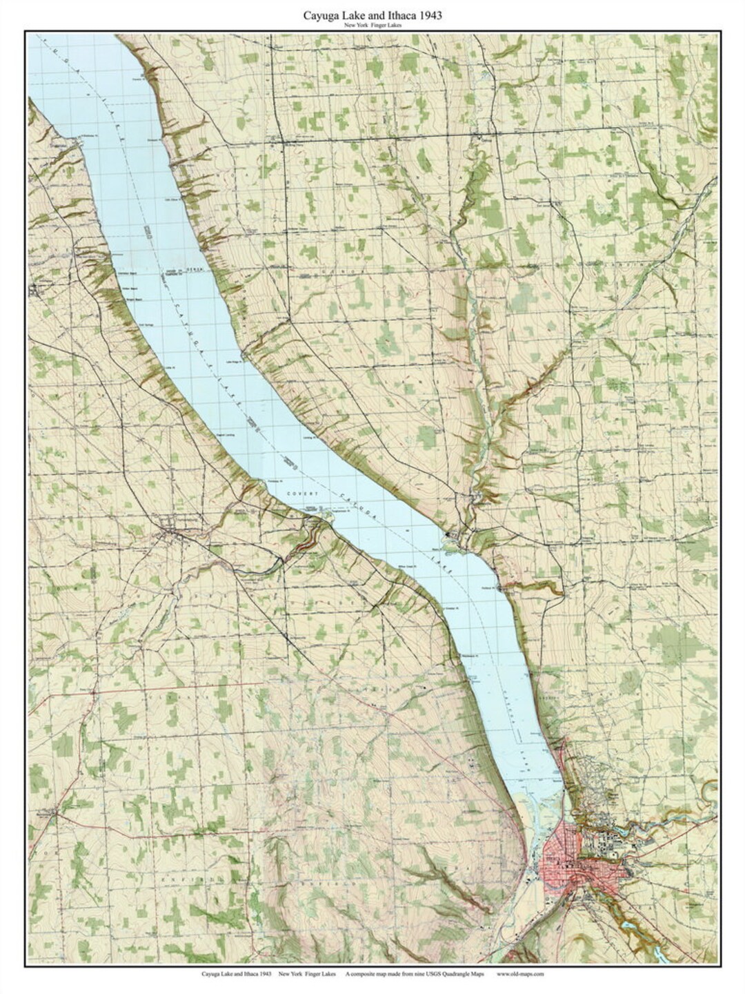 Cayuga Lake and Ithaca - 1943 USGS Topographic Map Custom Composite ...