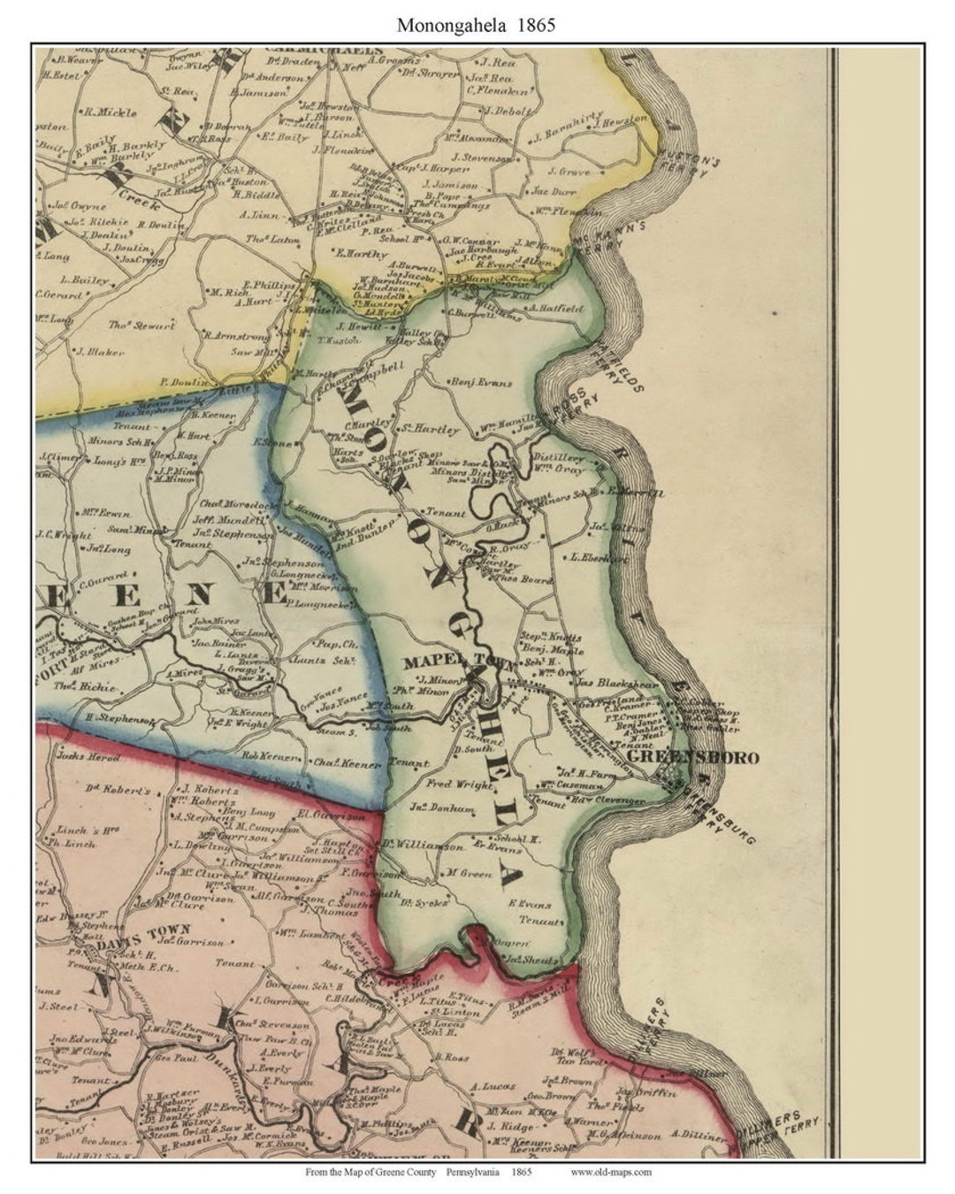 Monongahela 1865 - Old Town Map - Pennsylvania - Reprint Genealogy ...