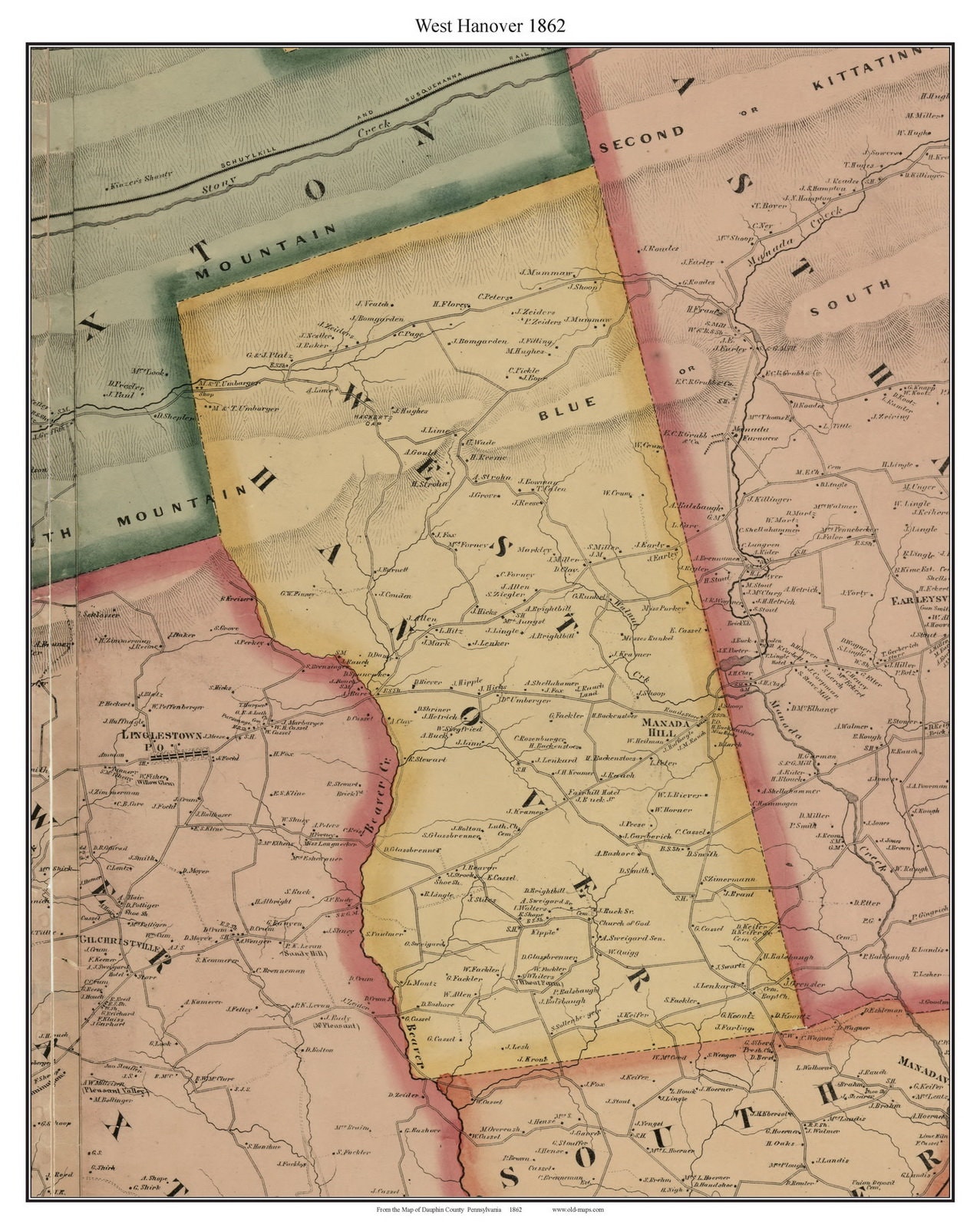 West Hanover 1862 Old Town Map With Homeowner Names - Pennsylvania ...