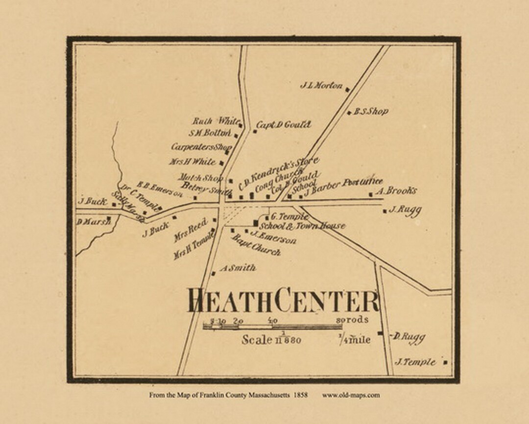 Heath Center 1858 Old Town Map With Homeowner Names -massachusetts ...