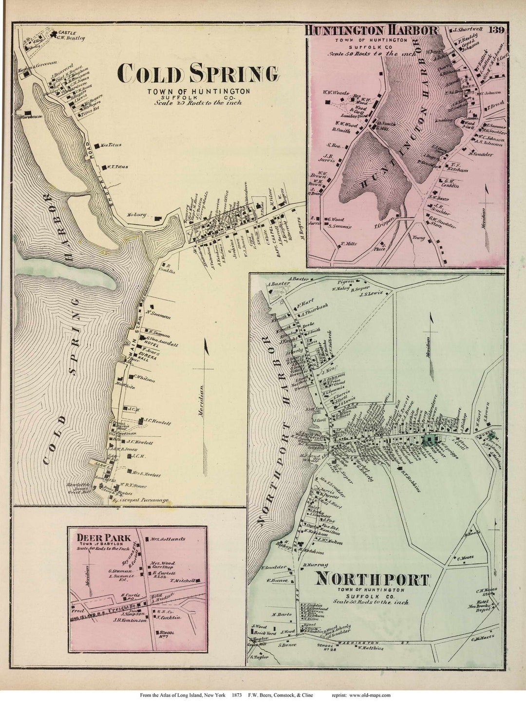 Huntington Cold Spring 1873 Old Map Long Island New York With Homeowner ...