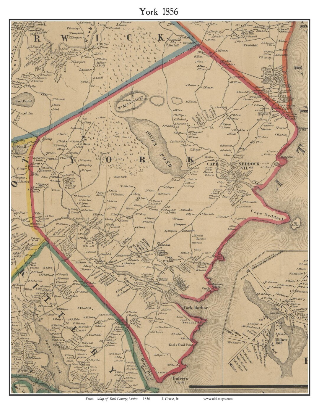 York 1856 Old Town Map With Homeowner Names Maine - Reprint York County ...