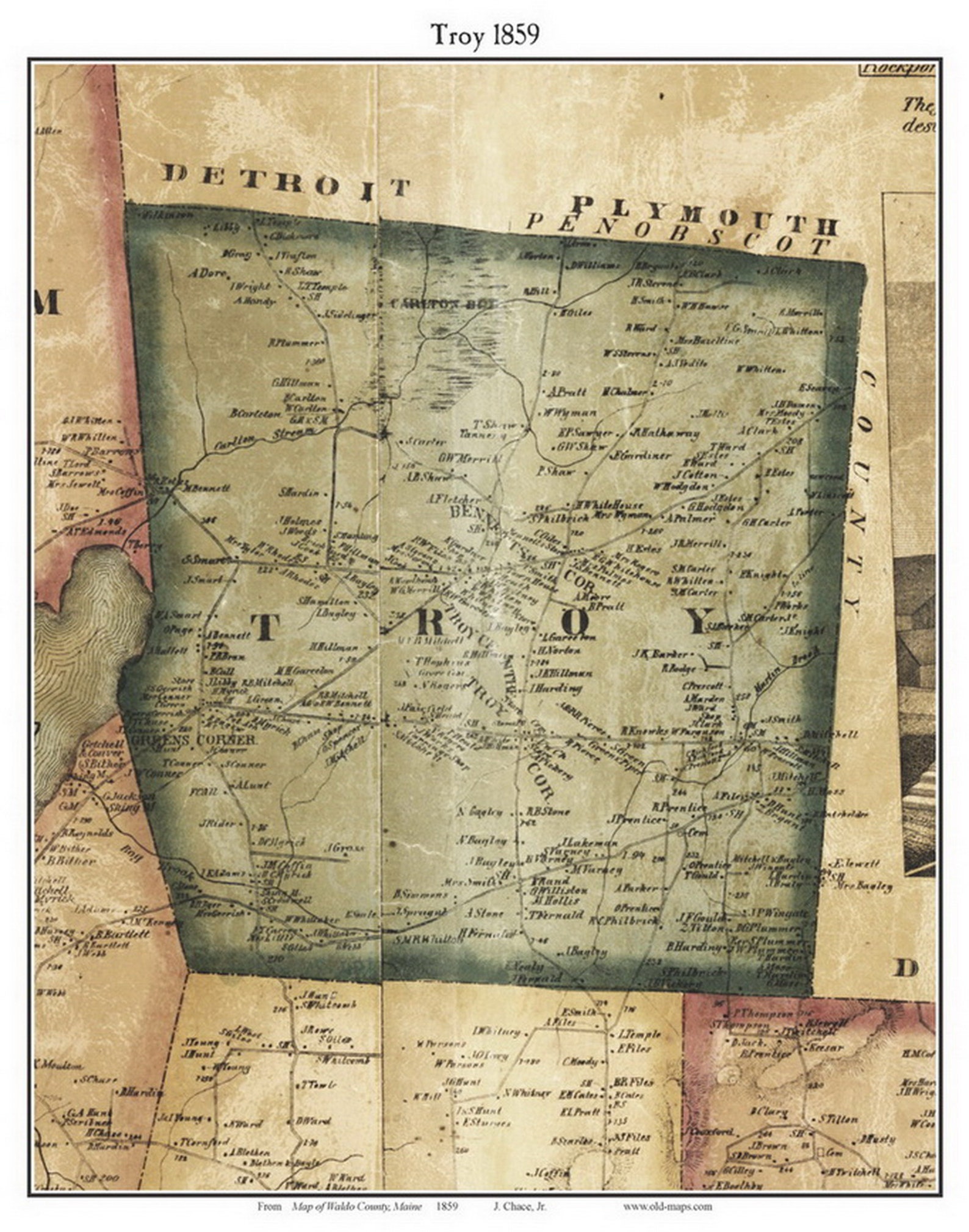 Troy 1859 Old Town Map With Homeowner Names Maine - Reprint Genealogy ...