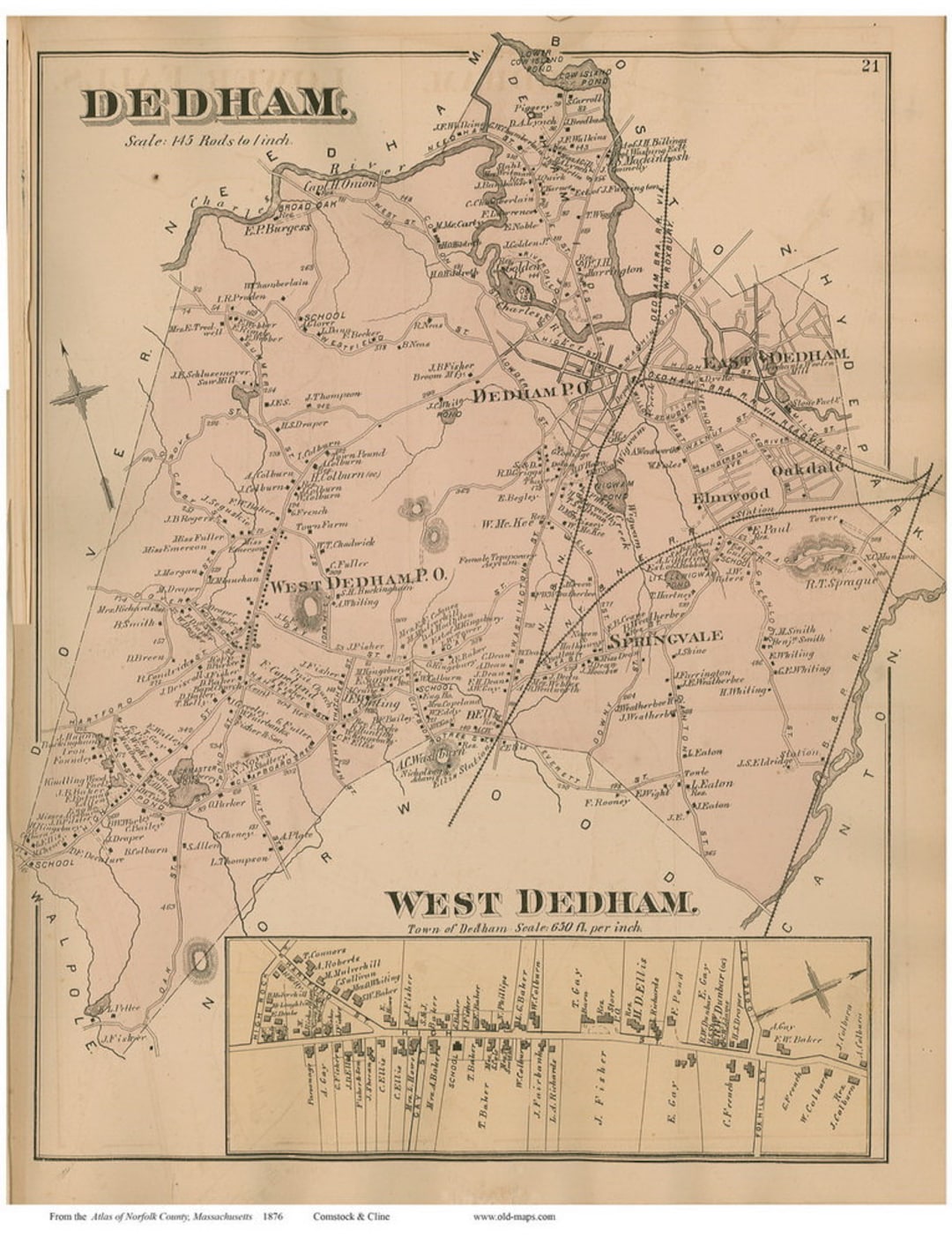 Dedham - 1876 - Old Town Map Reprint - West Dedham, Norfolk County ...