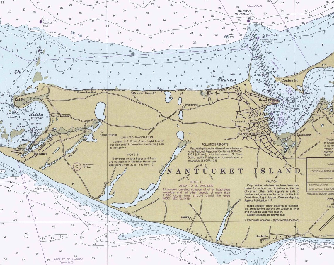 Nantucket Island, MA - 1992 Nautical Map - Reprint - Harbors 265 - Etsy