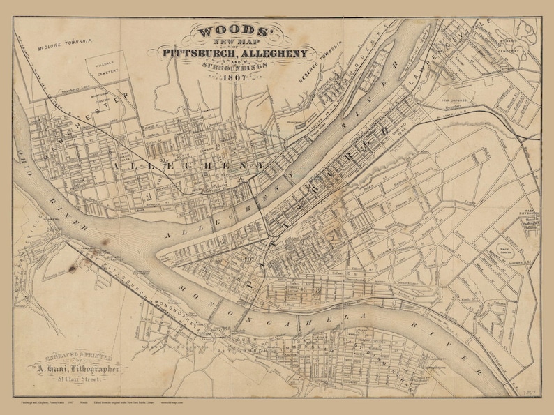 Pittsburgh 1867 - Old Map Reprint Allegheny - Roads Placenames ...