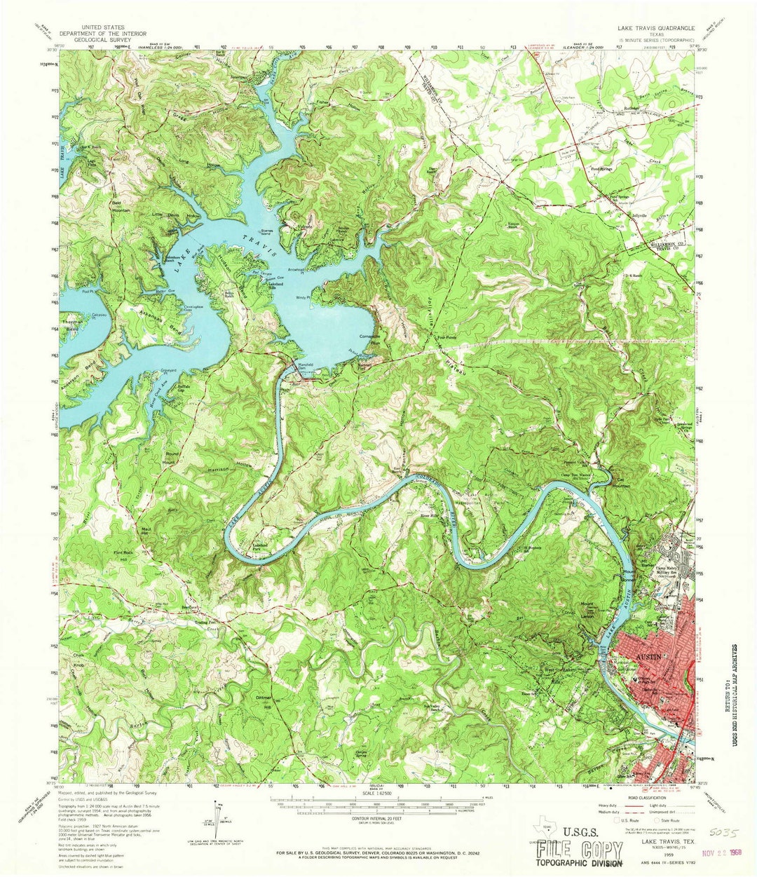 Lake Travis 1959 (1968) Old Topo Map - Austin - Quad Reprint - 110250 ...