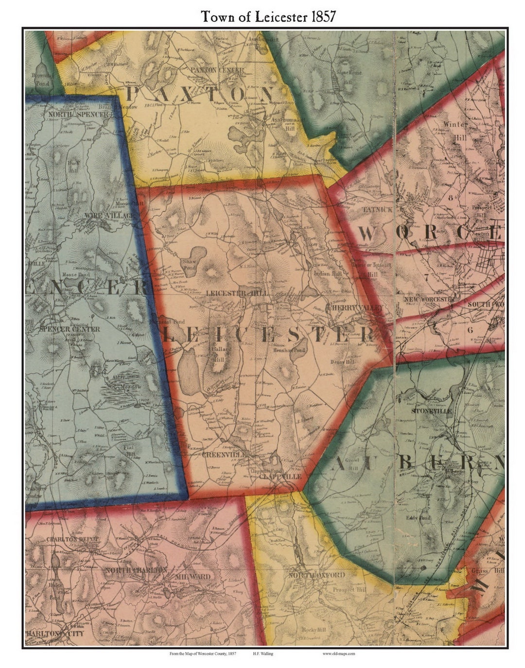 Leicester 1857 Old Town Map With Homeowner Names Massachusetts Cherry ...