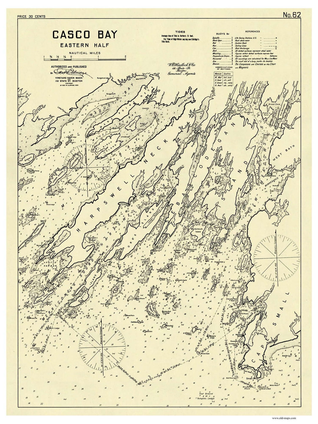 Casco Bay East 1909 Harbor Chart Nautical Maine Eldridge 62 Reprint - Etsy