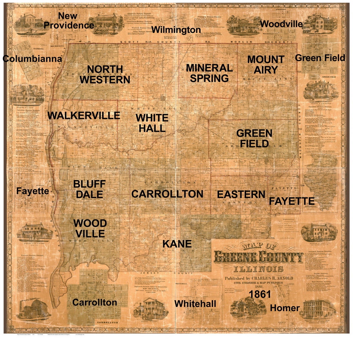 Greene County Illinois 1861 Old Wall Map Reprint With - Etsy