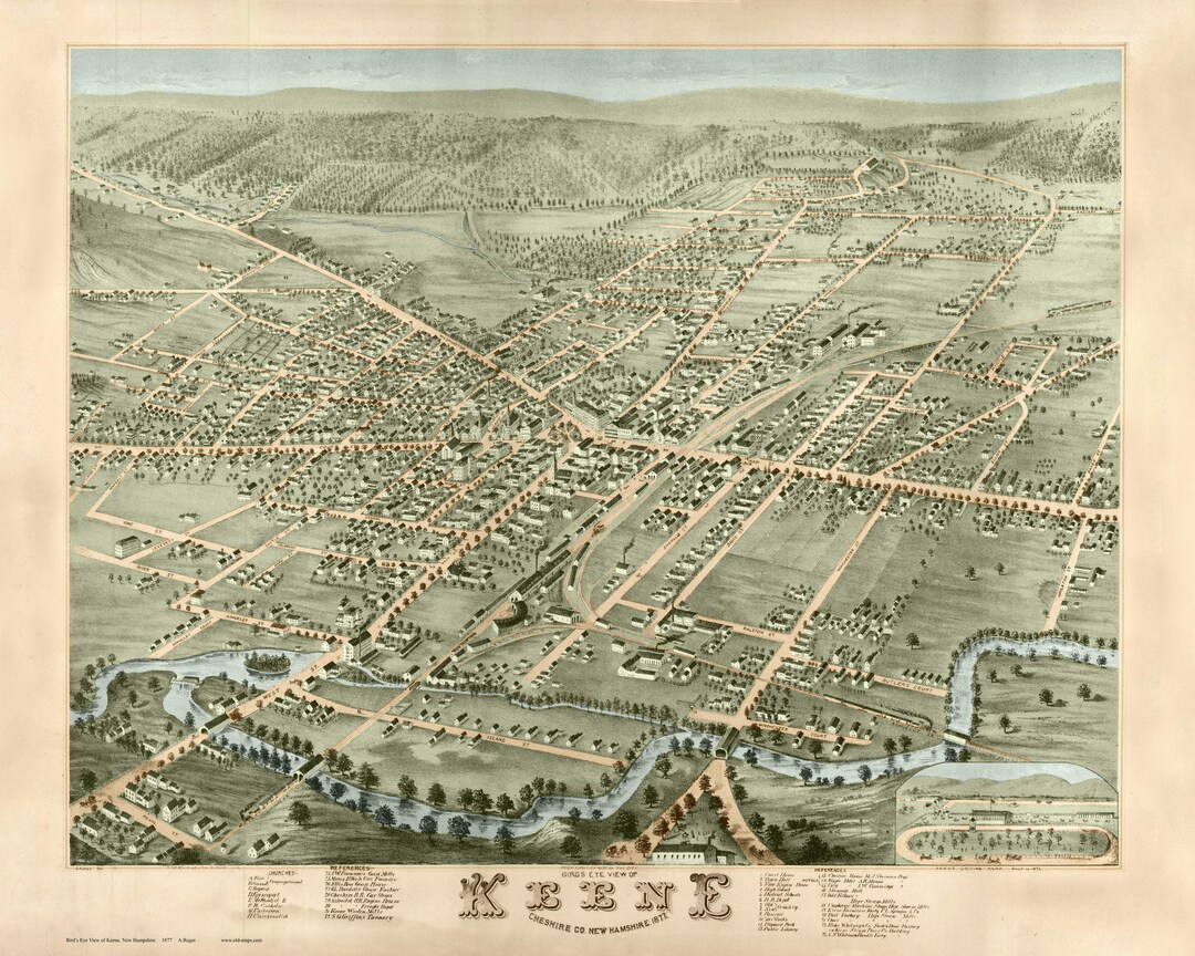 Keene 1877 Birds Eye View - Custom Colorized - New Hampshire Reprint - Etsy