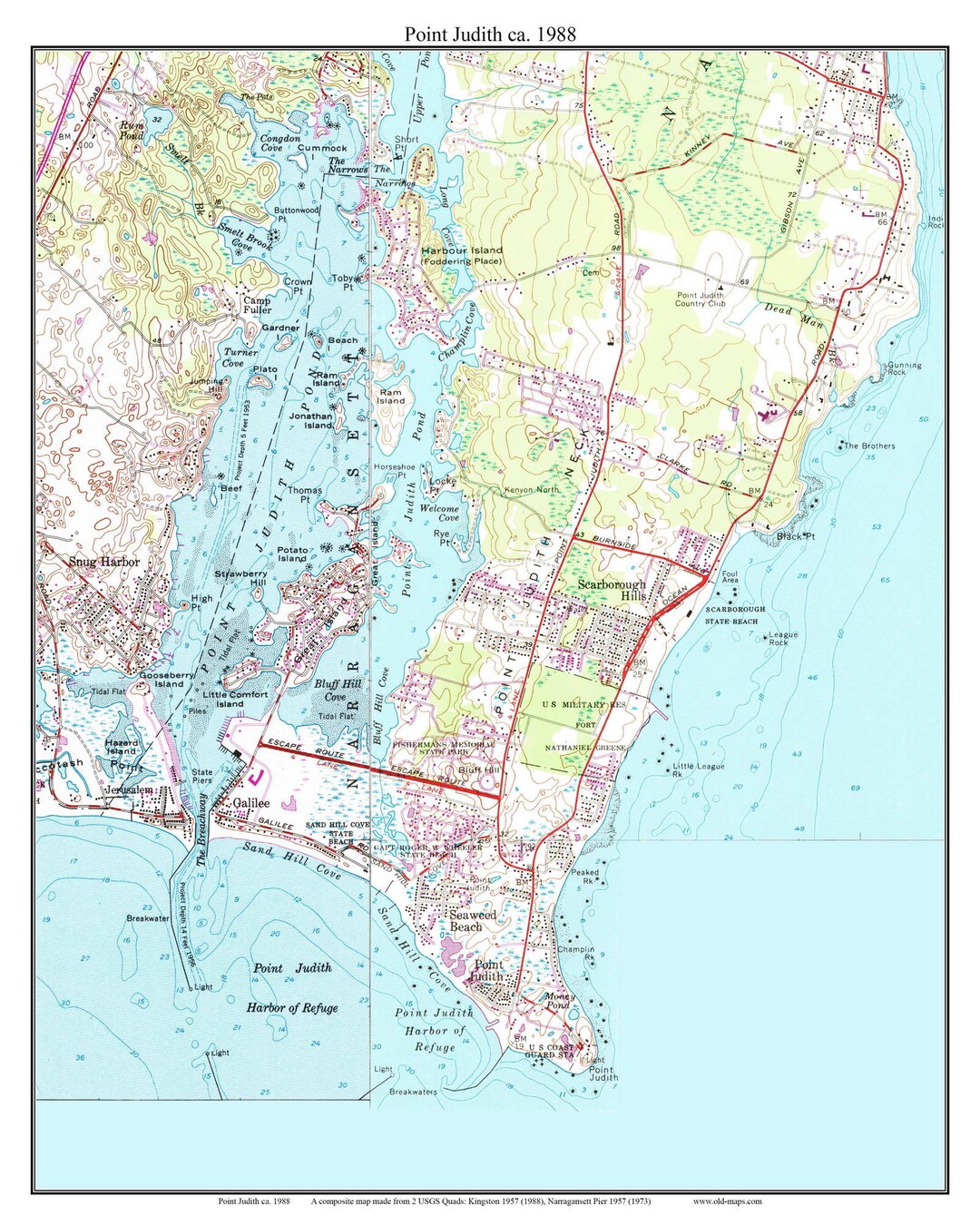 Point Judith 1988 Old Topographic Map USGS Galilee Scarborough State ...