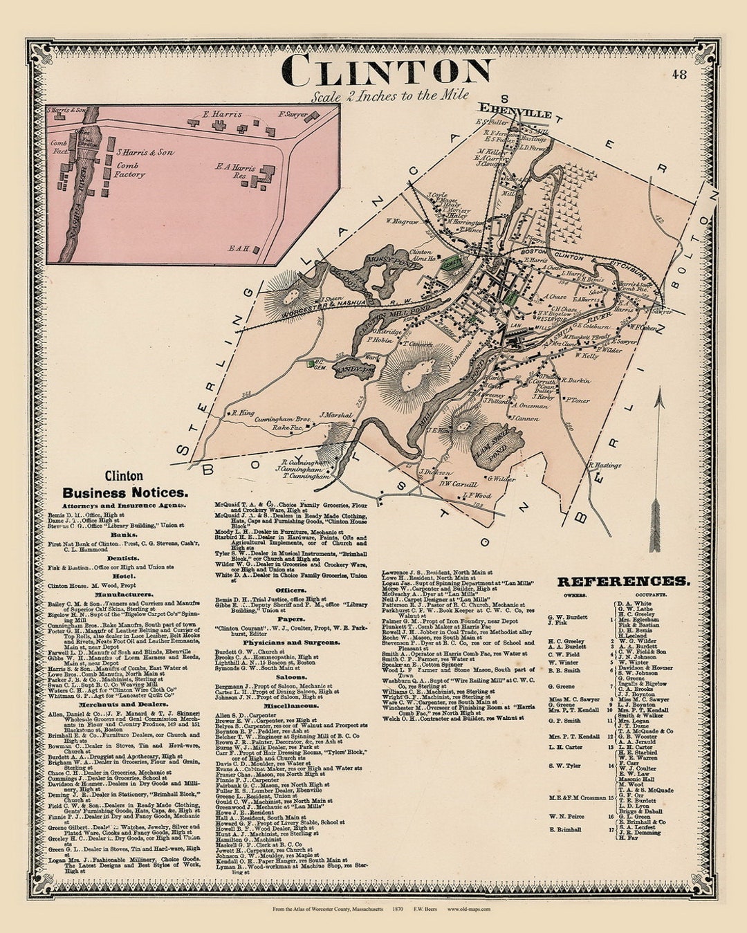 Clinton 1870 Old Town Map With Homeowner Names Massachusetts - Reprint ...