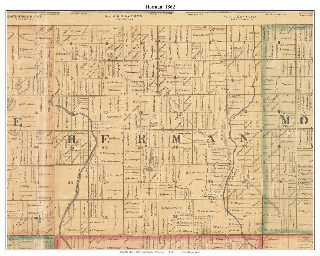 Herman 1862 - Old Town Map With Homeowner Names - Franklin - Wisconsin ...