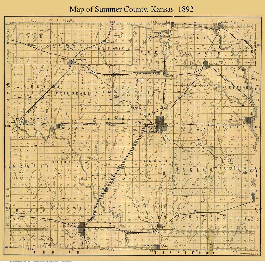 Summer County Kansas 1892 - Old Wall Map - Reprint - Plot Numbers - Etsy