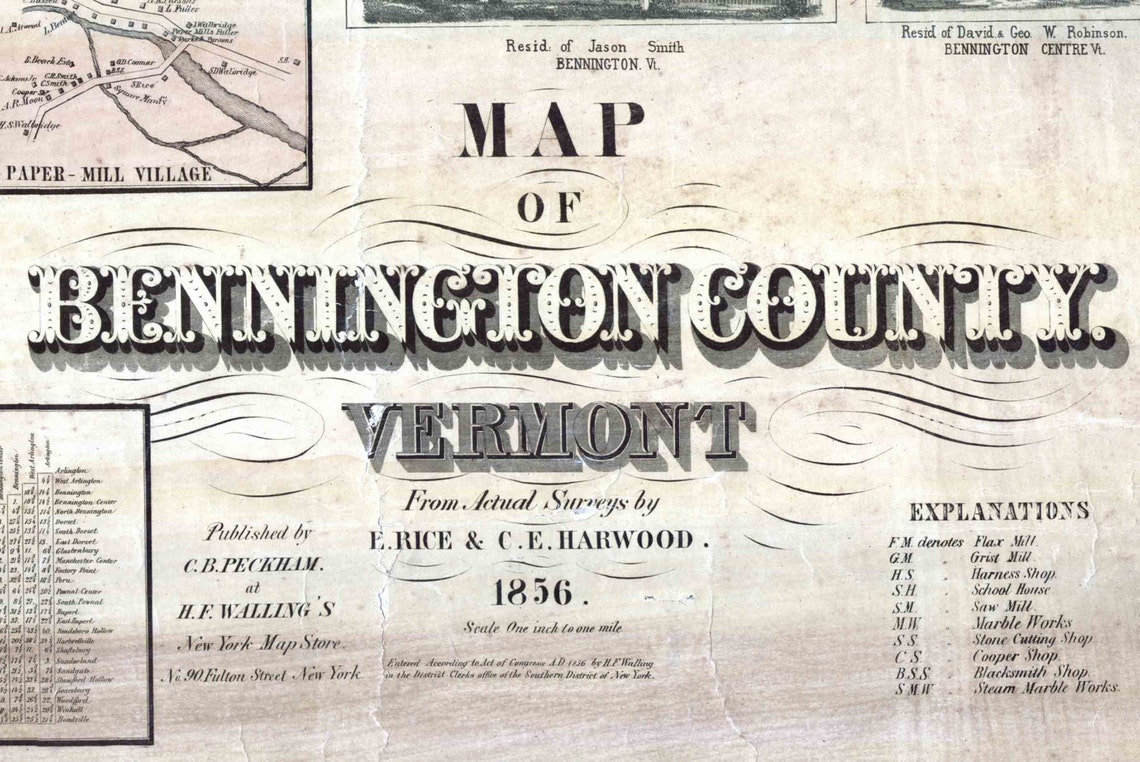 Bennington County Vermont 1856 LAMINATED Old Wall Map - Etsy