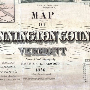 Bennington County Vermont 1856 - LAMINATED Old Wall Map Reprint With ...