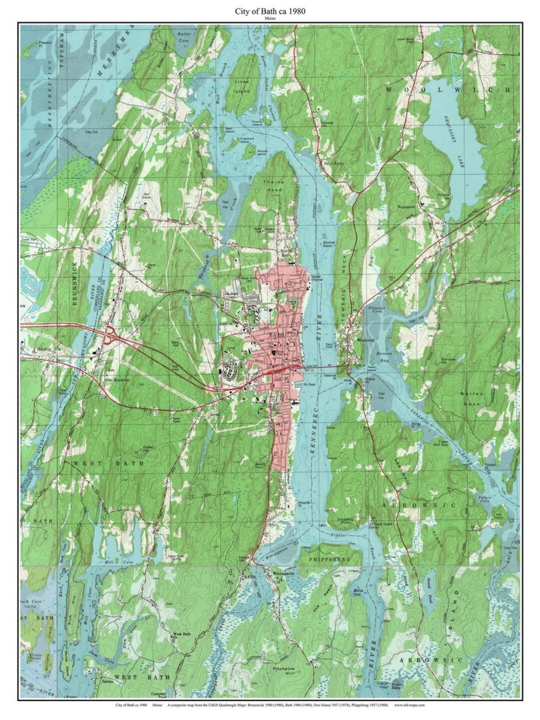 Bath 1980 Old Topographic Map USGS Custom Composite Reprint - Maine ...