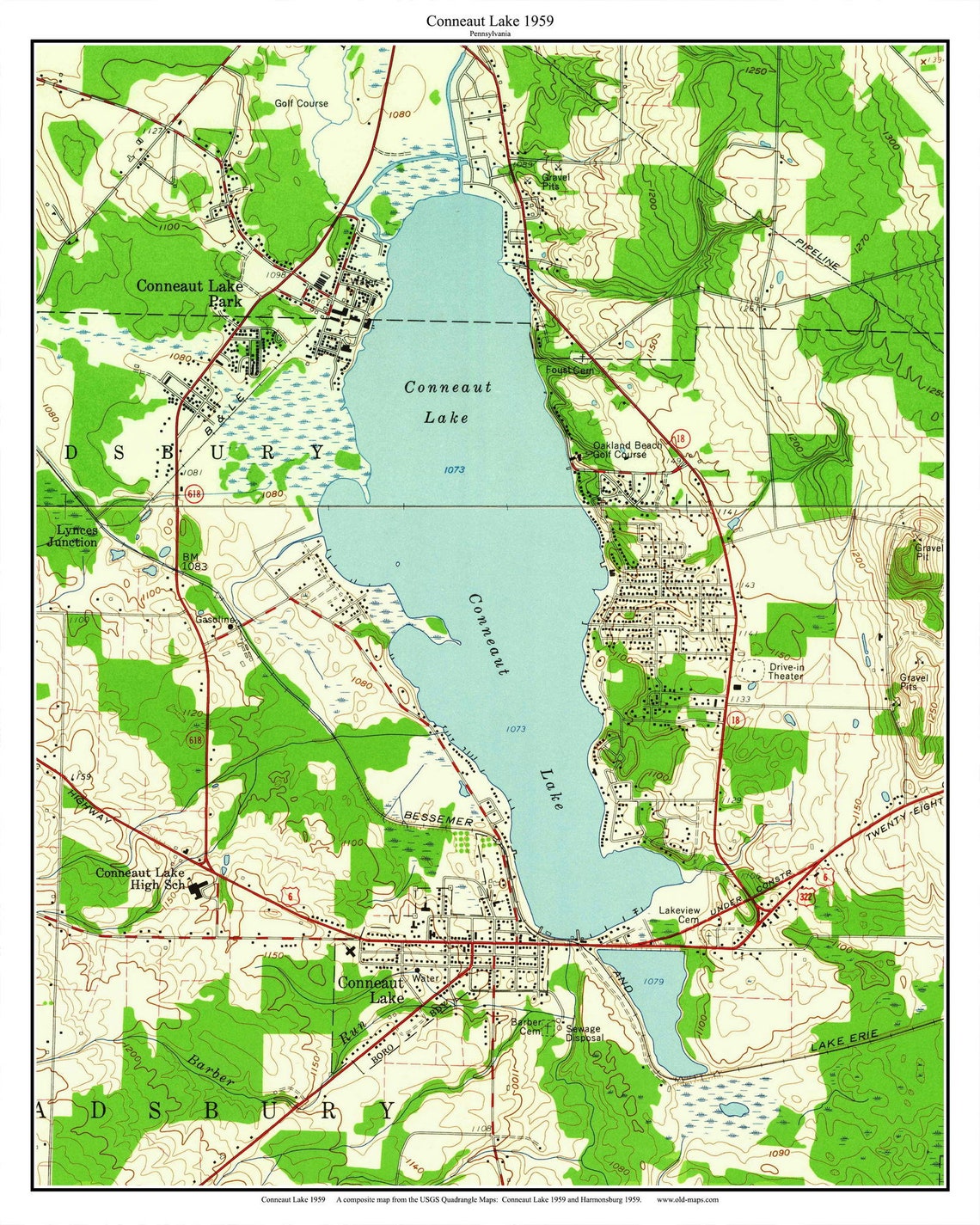 Conneaut Lake 1959 Old Topographic Map USGS Custom Composite - Etsy