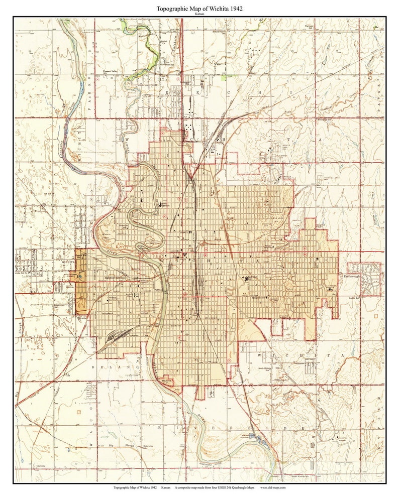 Wichita 1942 Closeup Map Reprint City Old Topographic USGS Custom ...