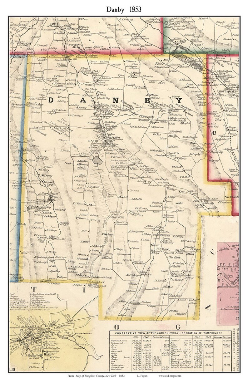 Danby 1853 Old Town Map With Homeowner Names New York Reprint Genealogy ...
