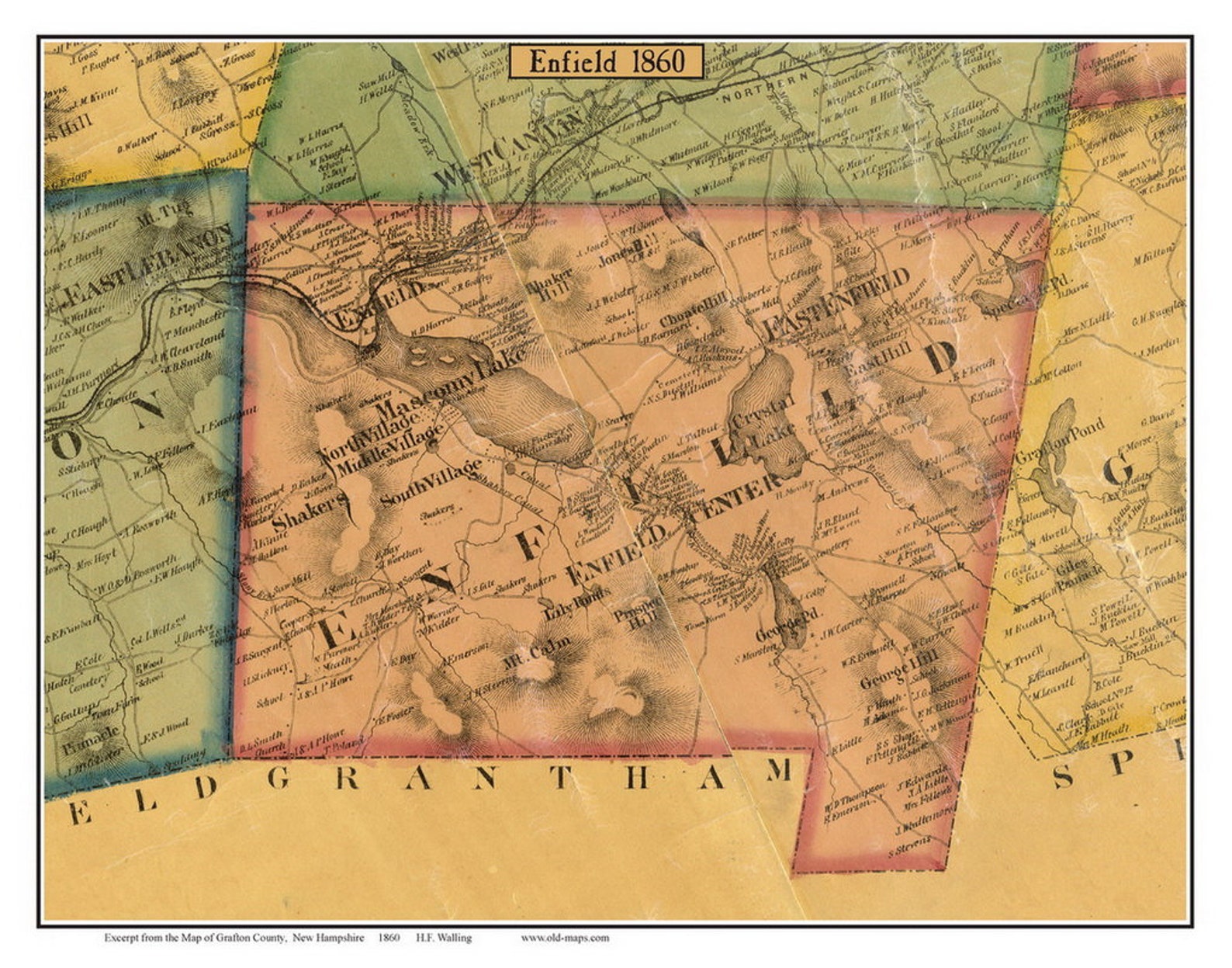 Enfield 1860 Old Town Map With Homeowner Names New Hampshire Mascoma ...
