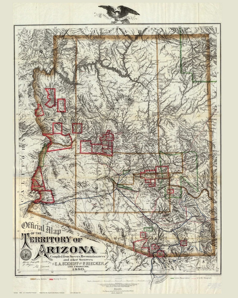 Arizona Territory 1880 Old State Map Mining Districts Eckhoff - Etsy