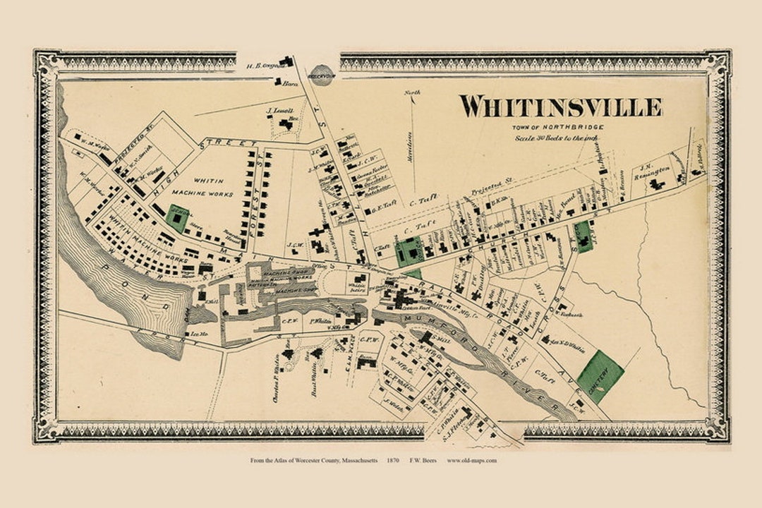 Whitinsville 1870 Old Town Map With Homeowner Names Massachusetts ...