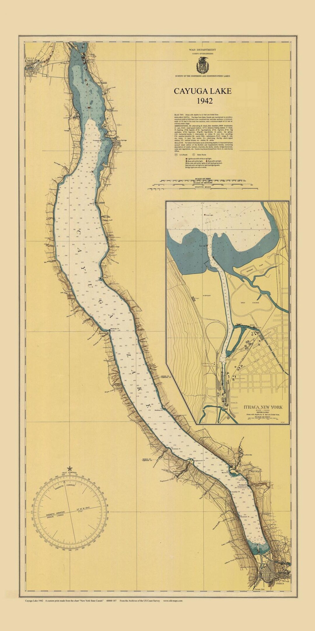 Cayuga Lake New York 1942 Nautical Map Print - 187 - Great Lakes NY ...