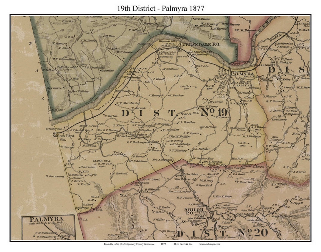 District 19 Palmyra 1877 Old Town Map With Homeowner Names Tennessee ...